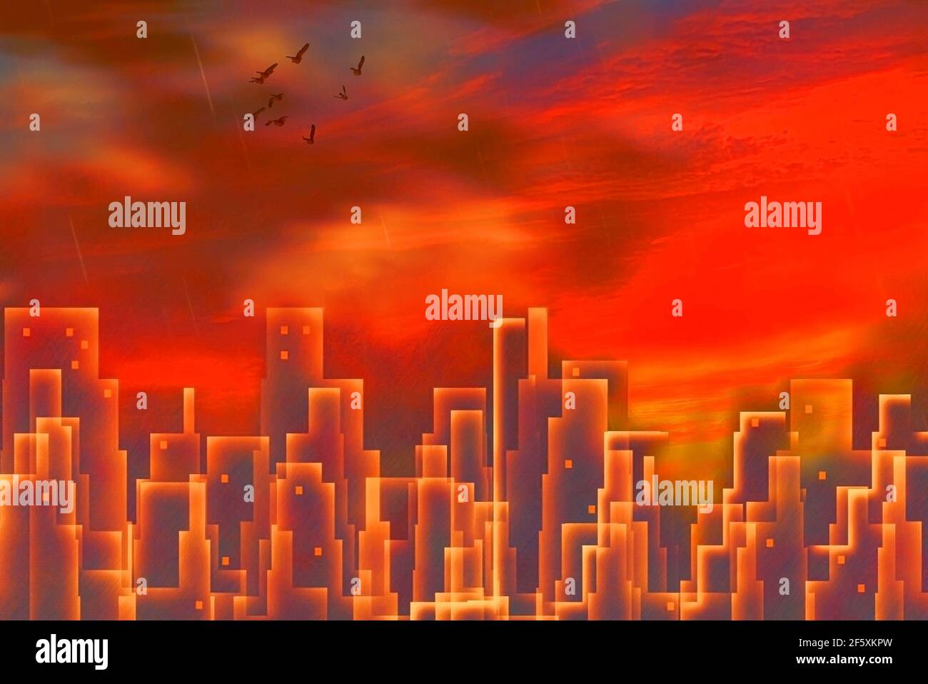 Sunset city landscape and birds fly in the sky. 3d rendering Stock ...