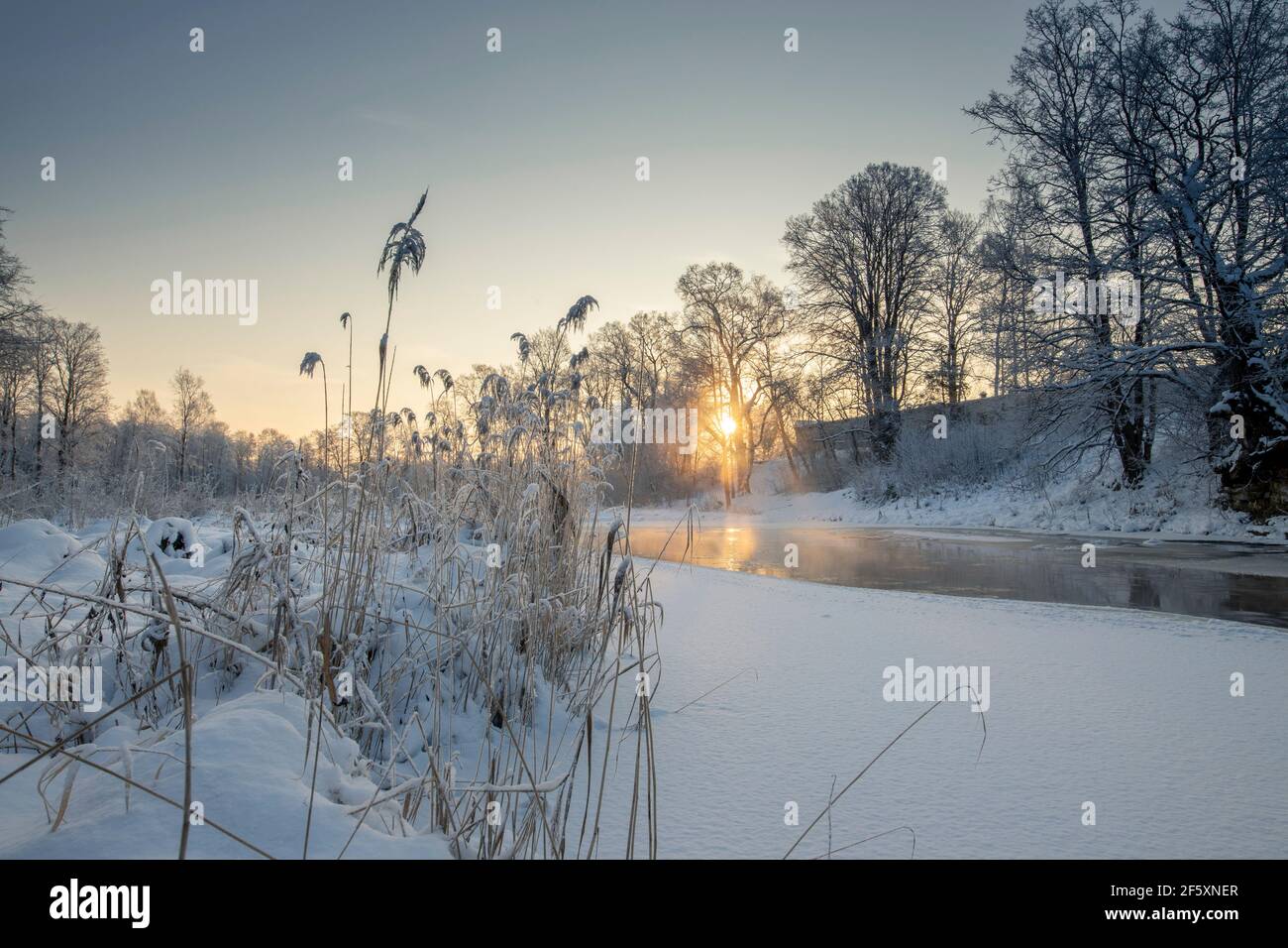 Beautiful snowy winter landscape panorama with sun Stock Photo - Alamy