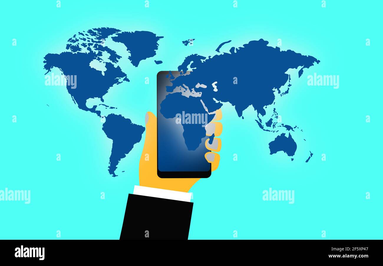 An illustration of a mobile phone in a hand with a world map on the ...