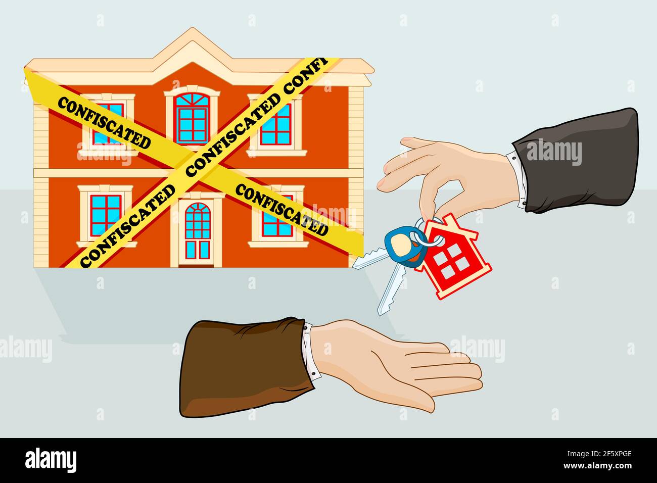 House with yellow warning tapes and hands giving keys. House is ...