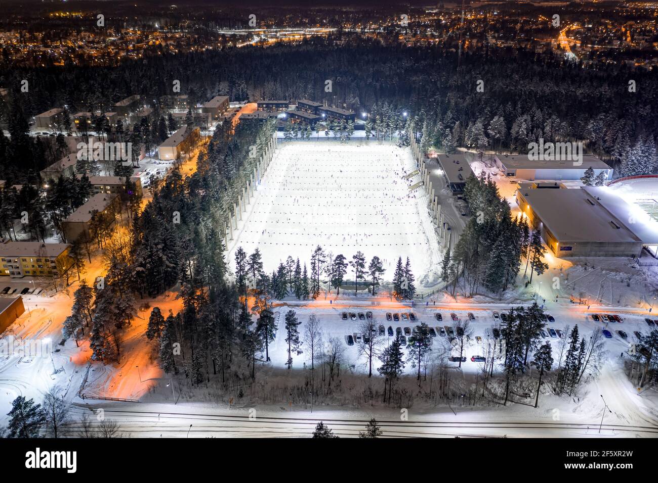 Aerial view of the outdoor huge ice rink in the Oulunkyla neighborhood ...