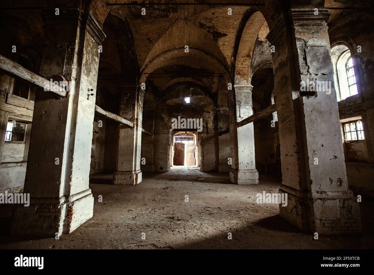Interior of dark creepy abandoned lutheran church of the Virgin Mary ...