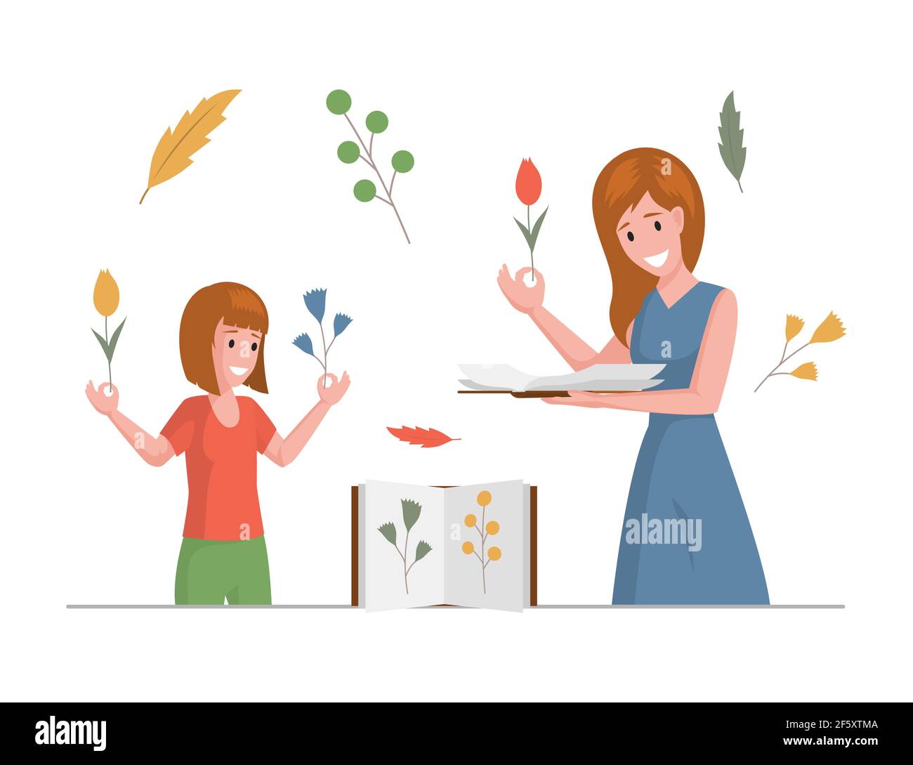 Mother and her daughter collecting dried flowers and herbs vector flat ...