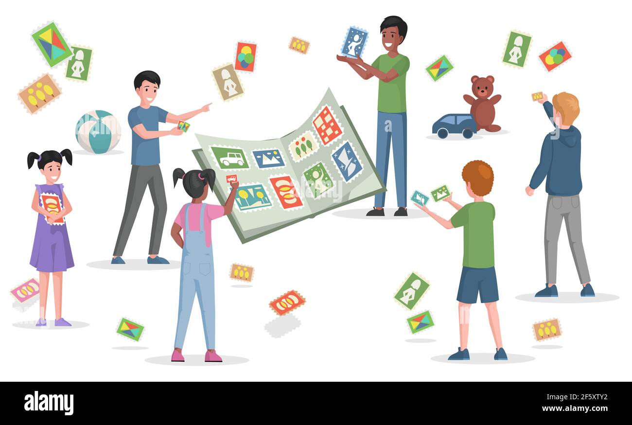 Happy smiling children playing with sticker, glue stickers in book ...