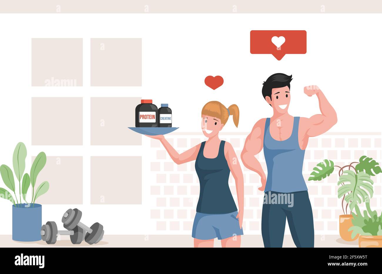 Happy athletes showing muscles and holding plate with protein and ...