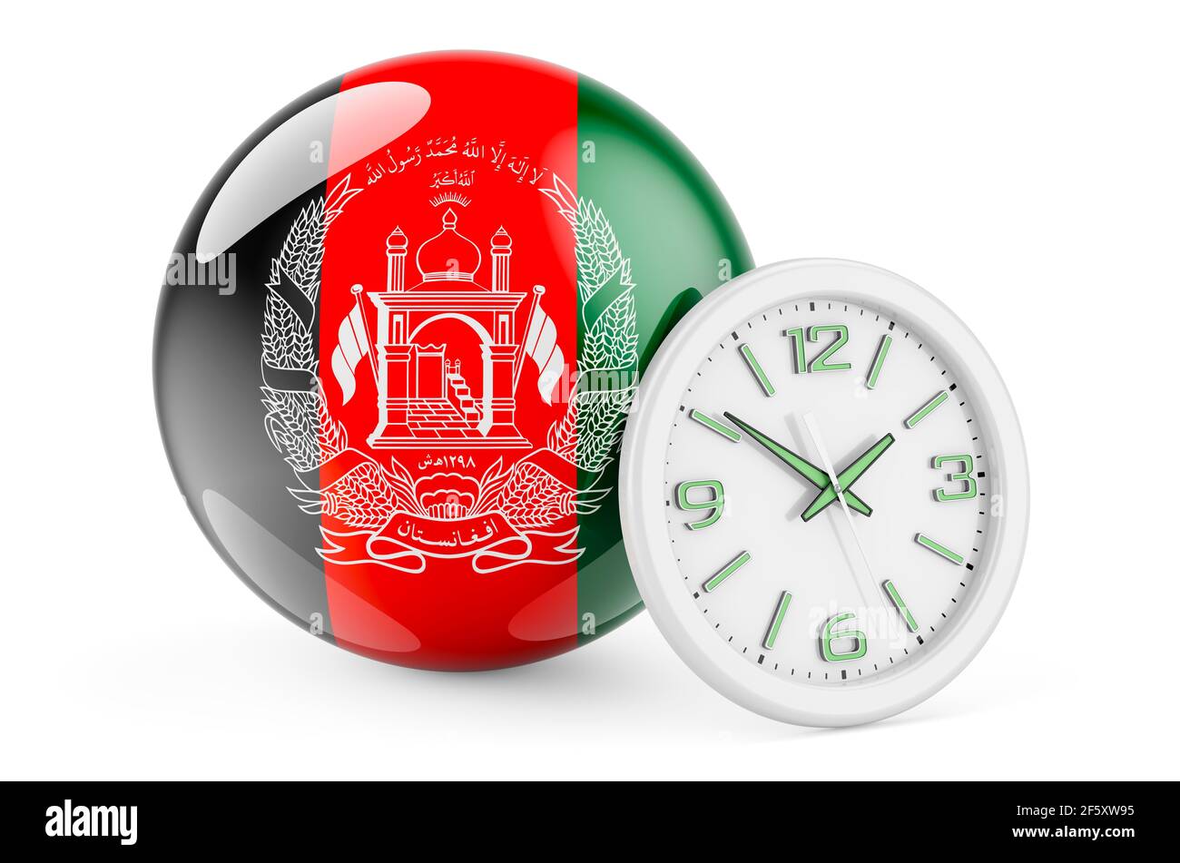 Afghan flag with clock. Time in Afghanistan, 3D rendering isolated on ...