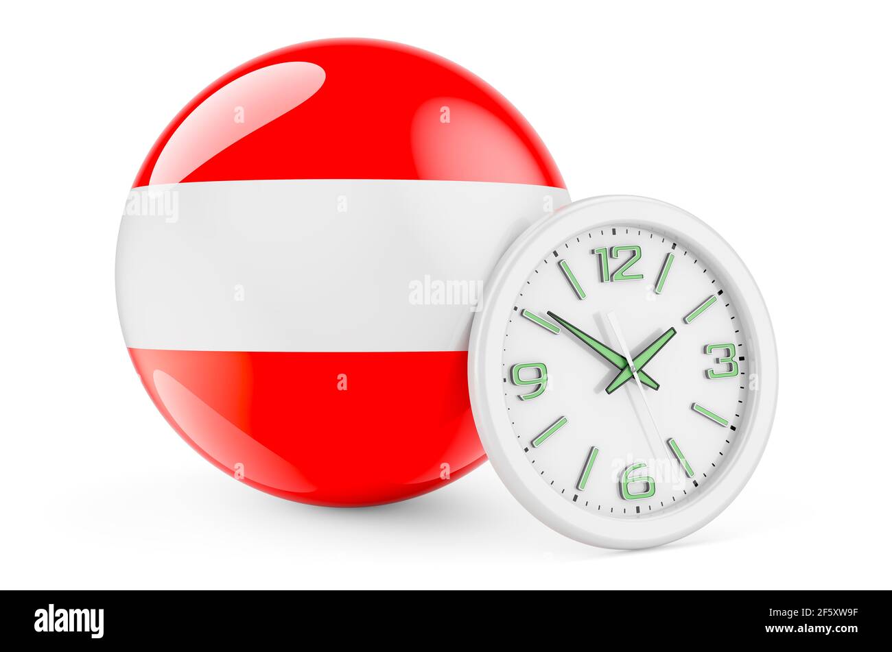 Austrian flag with clock. Time in Austria, 3D rendering isolated on ...
