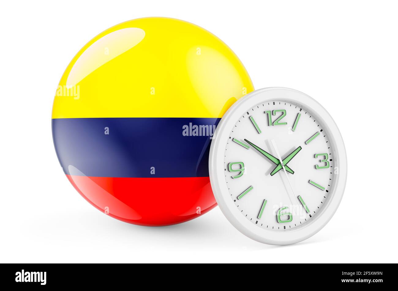 Colombian flag with clock. Time in Colombia, 3D rendering isolated on ...