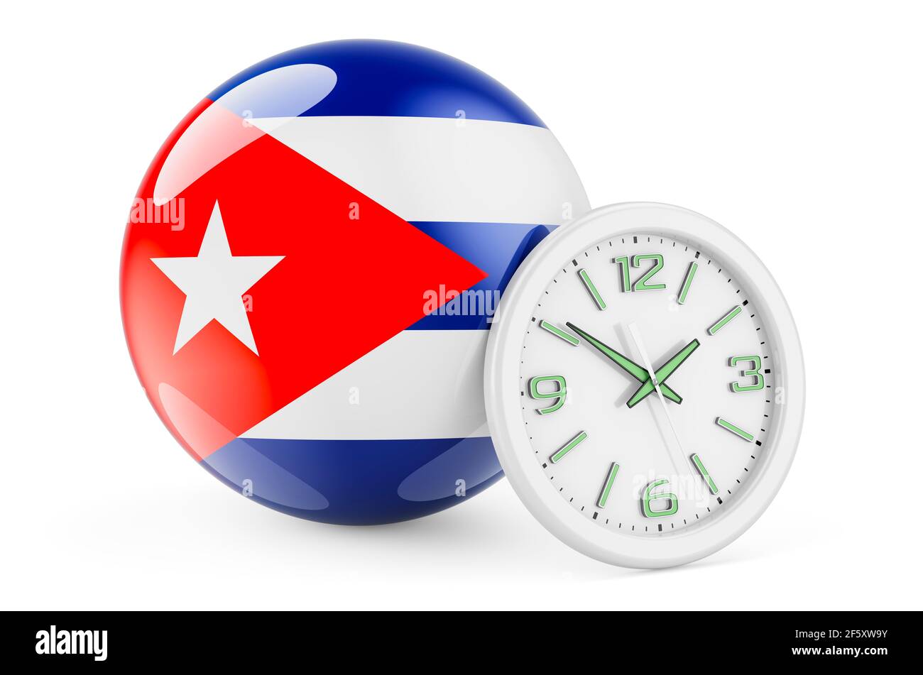 Cuban flag with clock. Time in Cuba, 3D rendering isolated on white ...