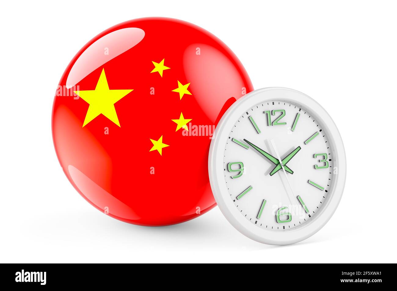 Chinese flag with clock. Time in China, 3D rendering isolated on white ...