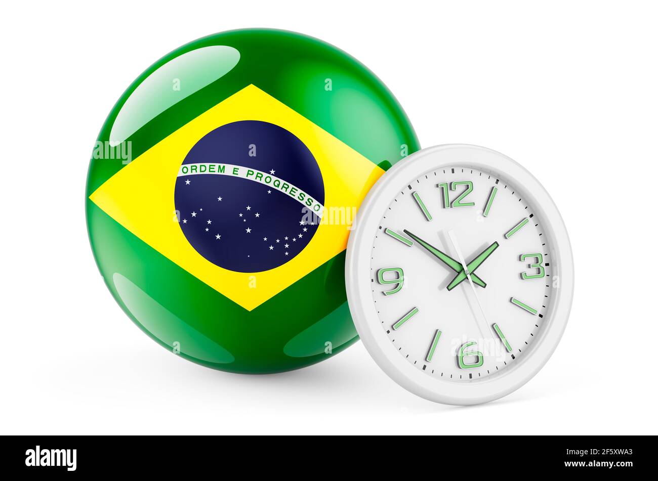 Brazilian flag with clock. Time in Brazil, 3D rendering isolated on ...