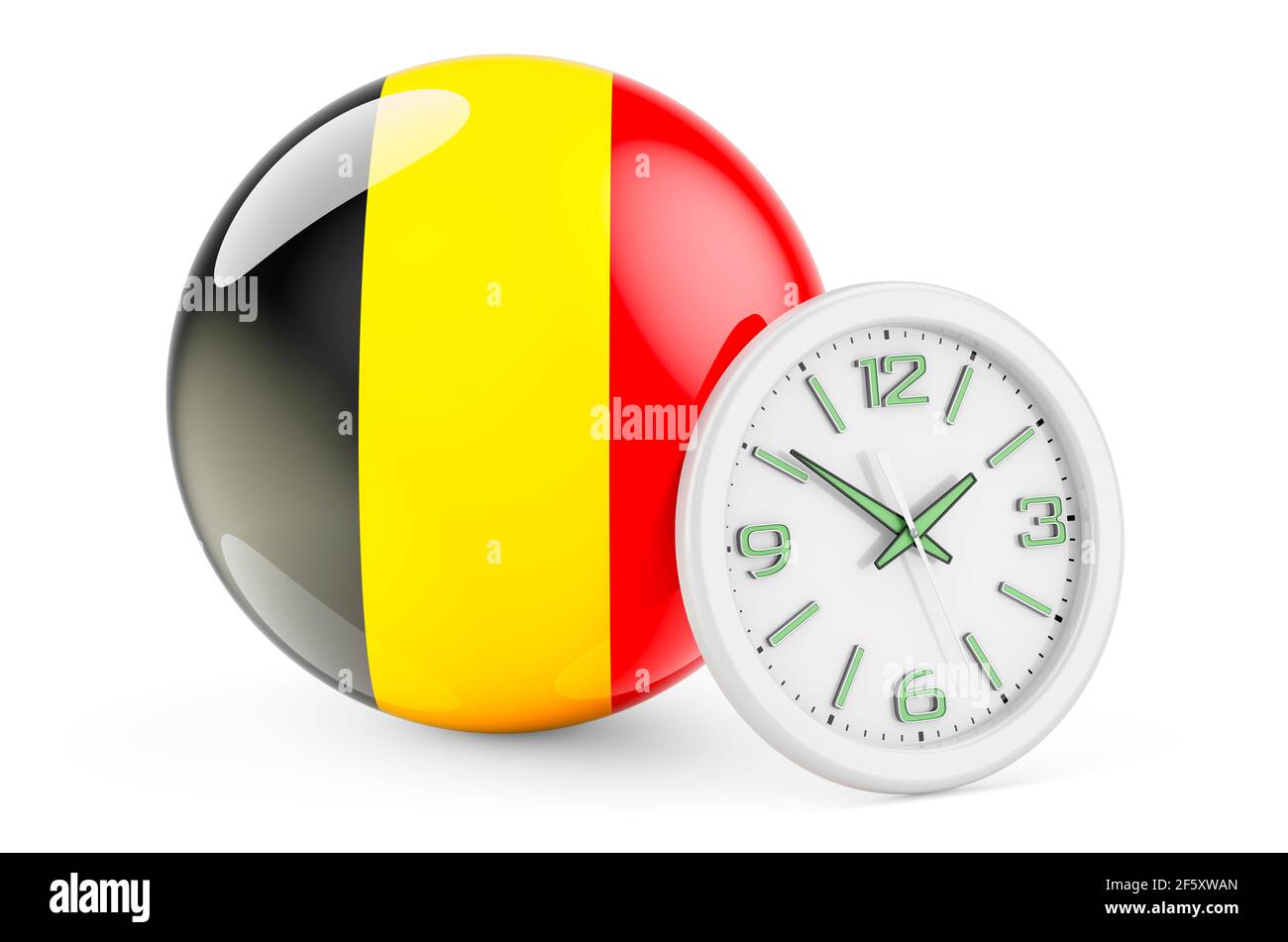 Belgian flag with clock. Time in Belgium, 3D rendering isolated on ...