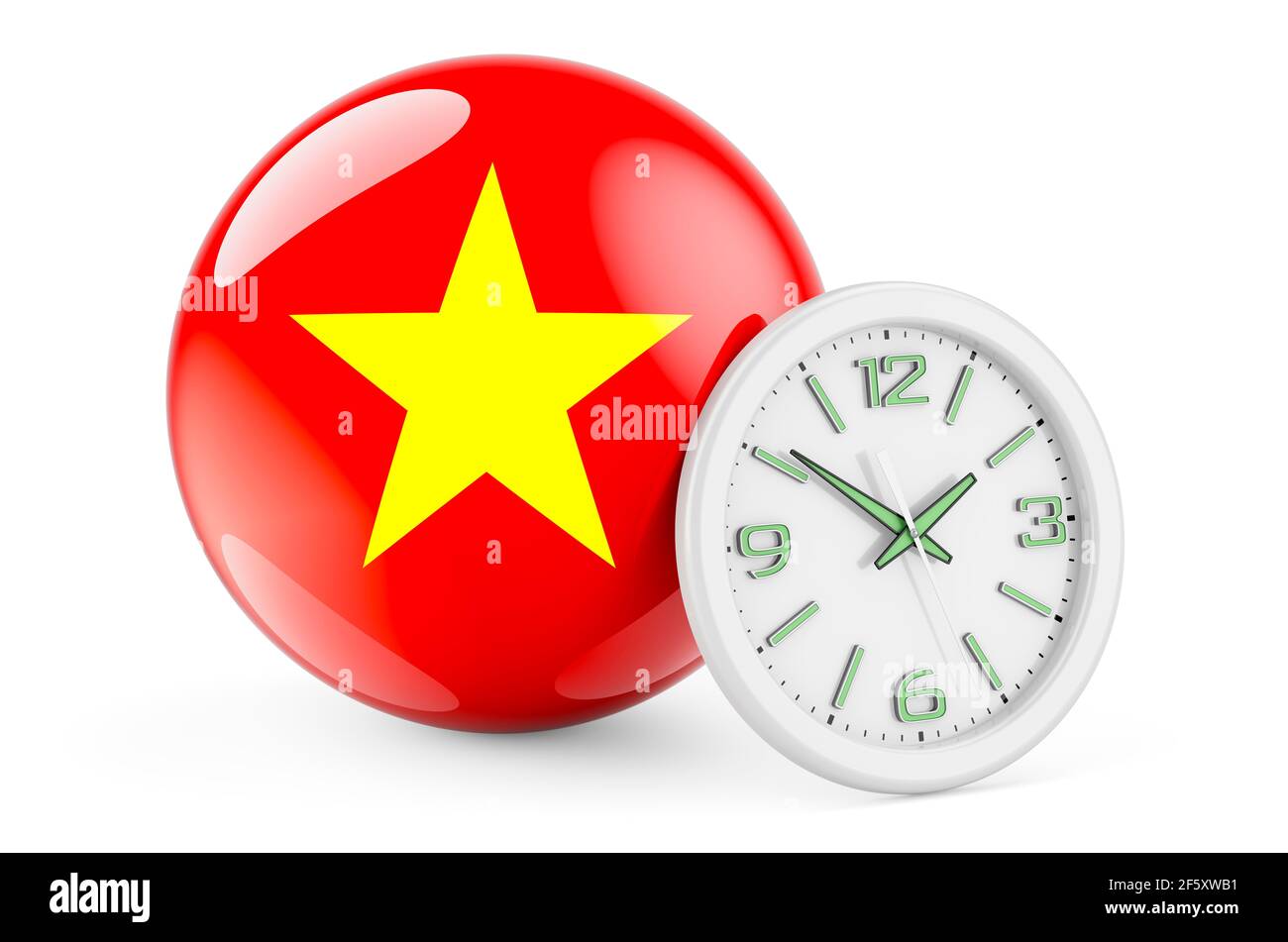 Vietnamese flag with clock. Time in Vietnam, 3D rendering isolated on ...