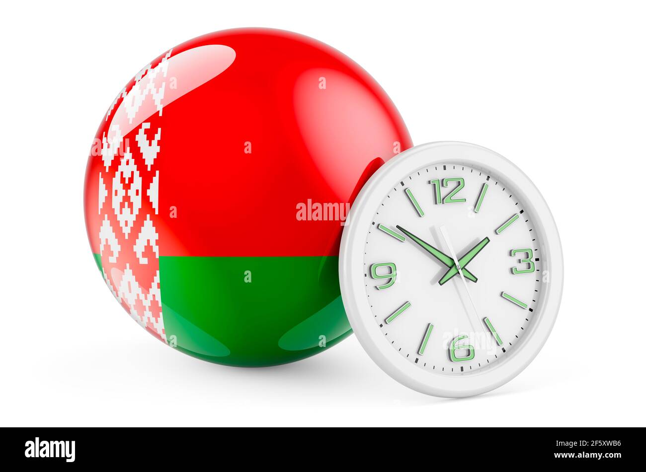 Belarusian flag with clock. Time in Belarus, 3D rendering isolated on ...