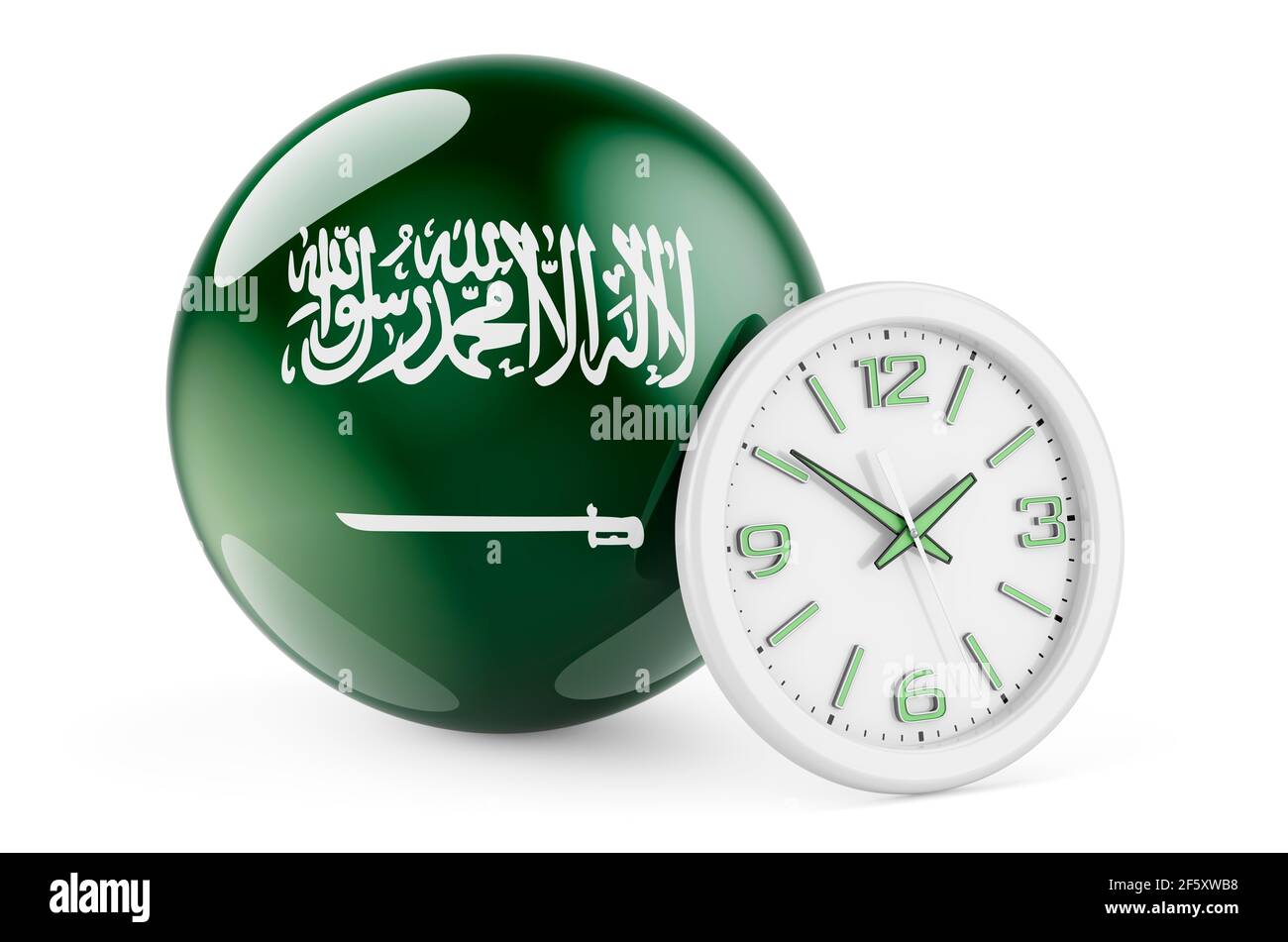 Saudi Arabian flag with clock. Time in Saudi Arabia, 3D rendering ...