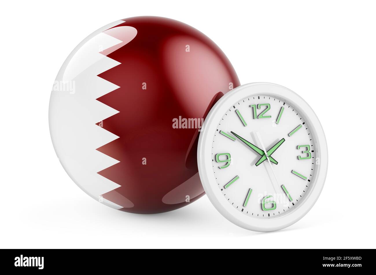 Qatari flag with clock. Time in Qatar, 3D rendering isolated on white ...