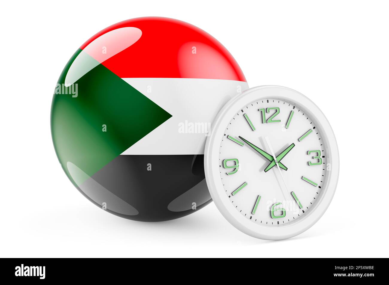 Sudanese flag with clock. Time in Sudan, 3D rendering isolated on white ...