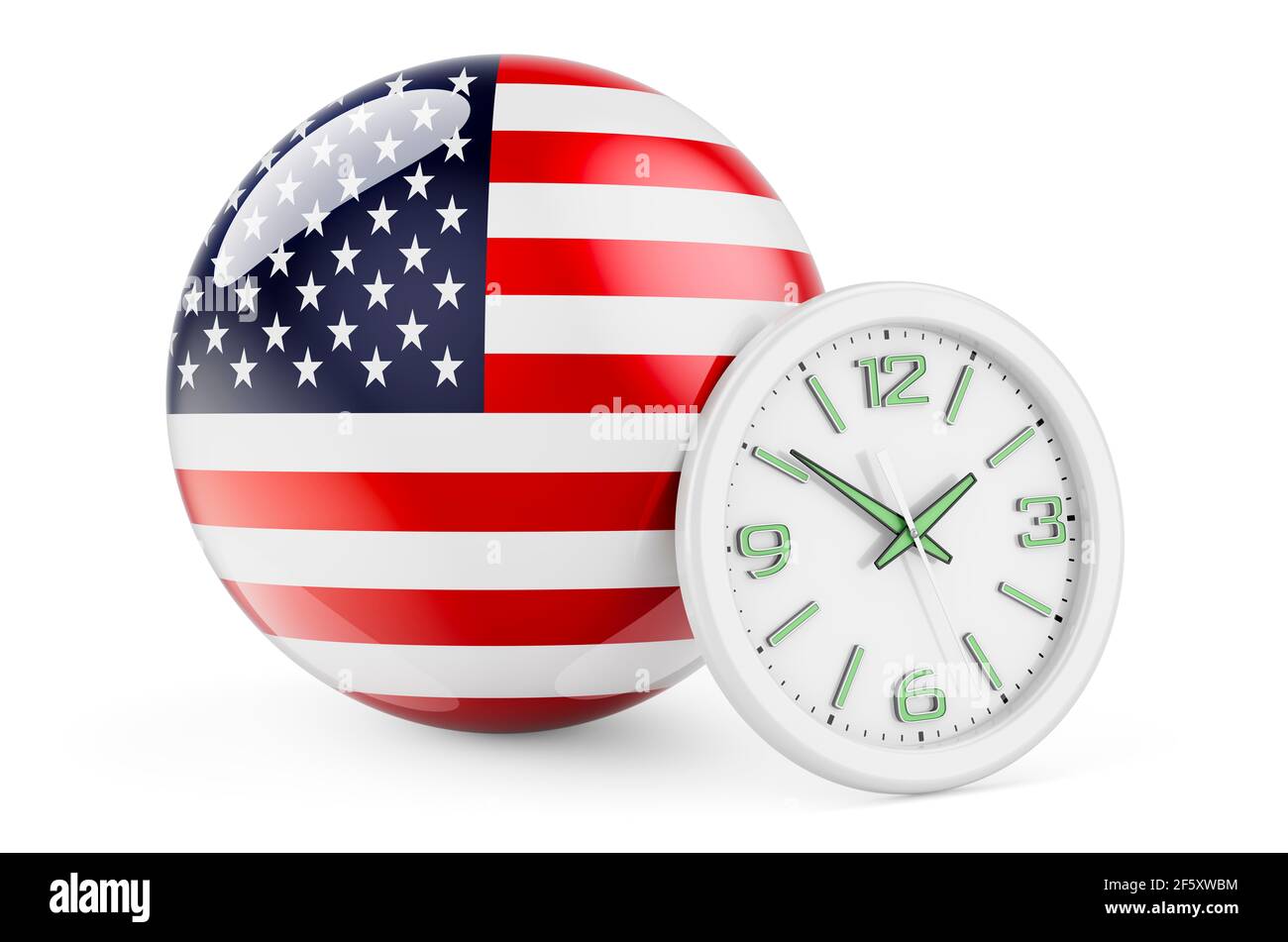 The United States flag with clock. Time in the USA, 3D rendering ...