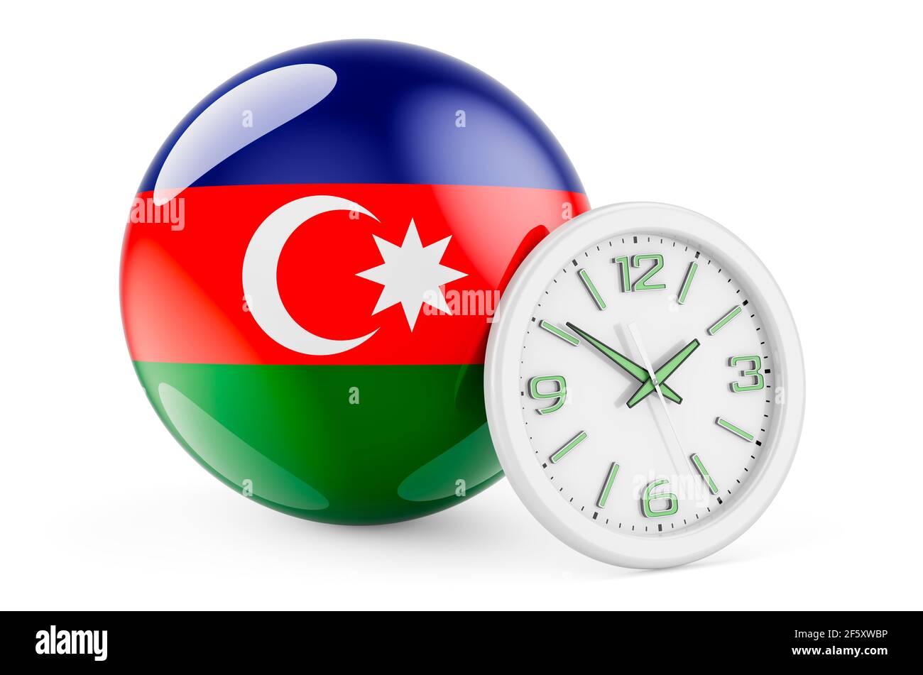 Azerbaijani flag with clock. Time in Azerbaijan, 3D rendering isolated ...