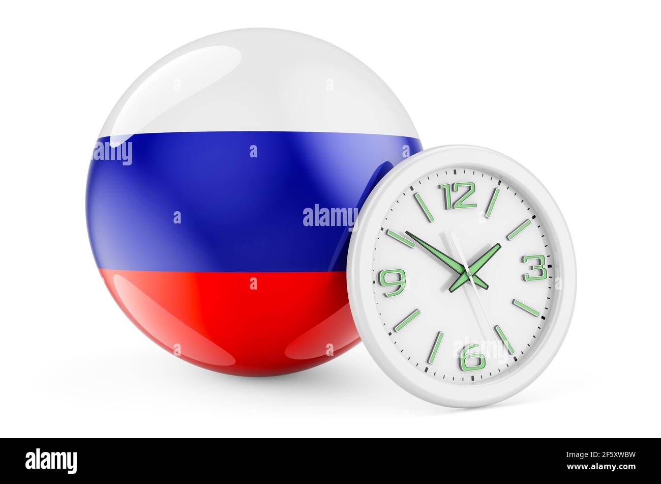 Russian flag with clock. Time in Russia, 3D rendering isolated on white ...