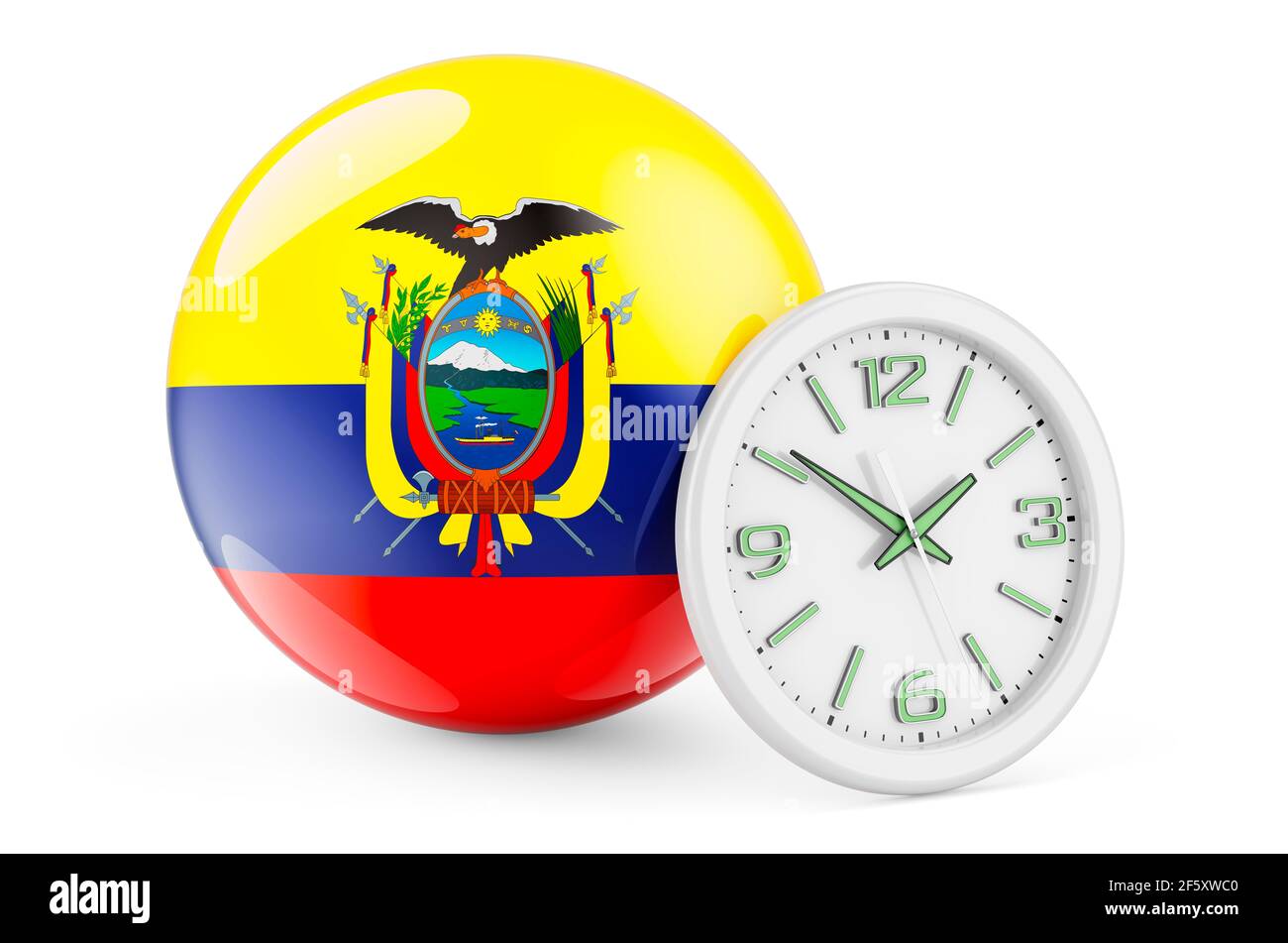 Ecuadorian flag with clock. Time in Ecuador, 3D rendering isolated on ...