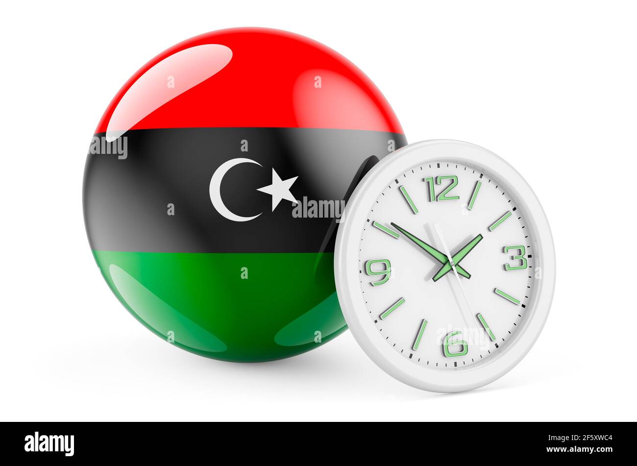 Libyan flag with clock. Time in Libya, 3D rendering isolated on white ...