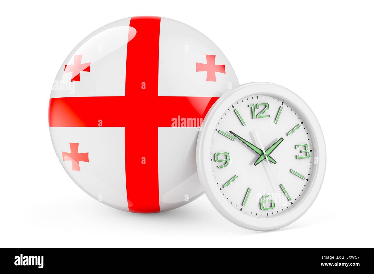 Georgian flag with clock. Time in Georgia, 3D rendering isolated on ...