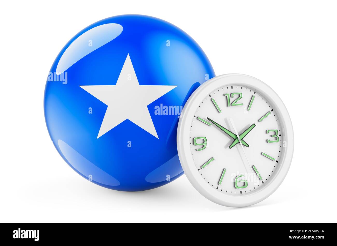 Somali flag with clock. Time in Somalia, 3D rendering isolated on white ...