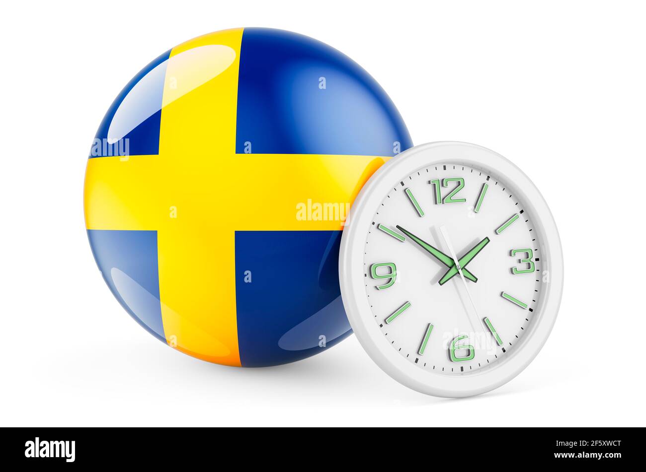 Swedish flag with clock. Time in Sweden, 3D rendering isolated on white ...