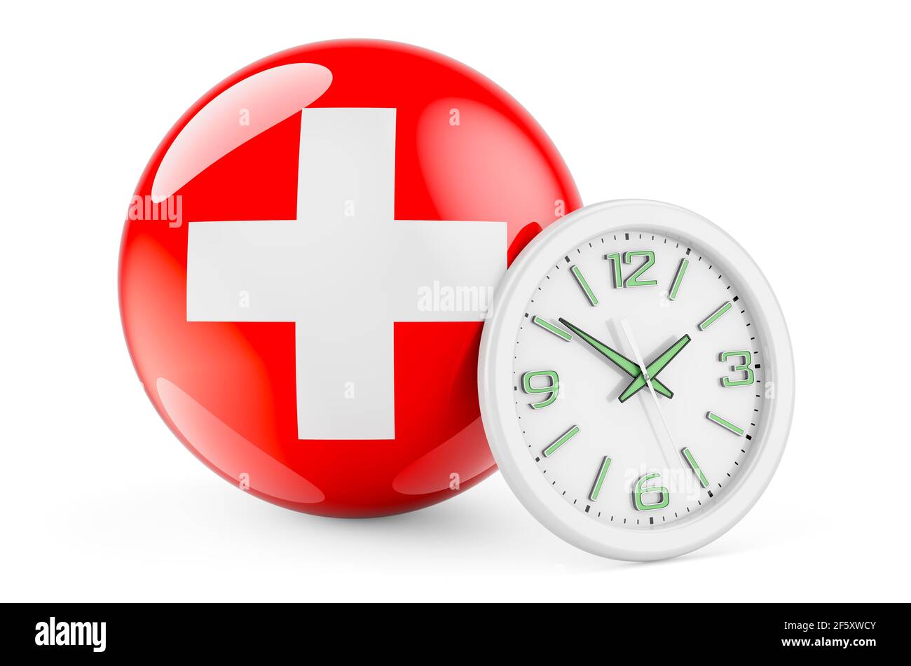 Swiss flag with clock. Time in Switzerland, 3D rendering isolated on ...