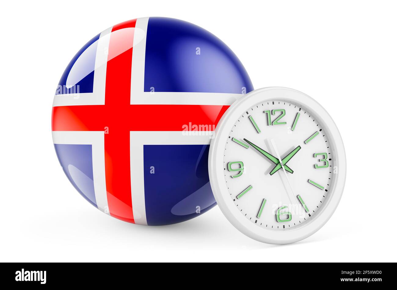 Icelandic flag with clock. Time in Iceland, 3D rendering isolated on ...