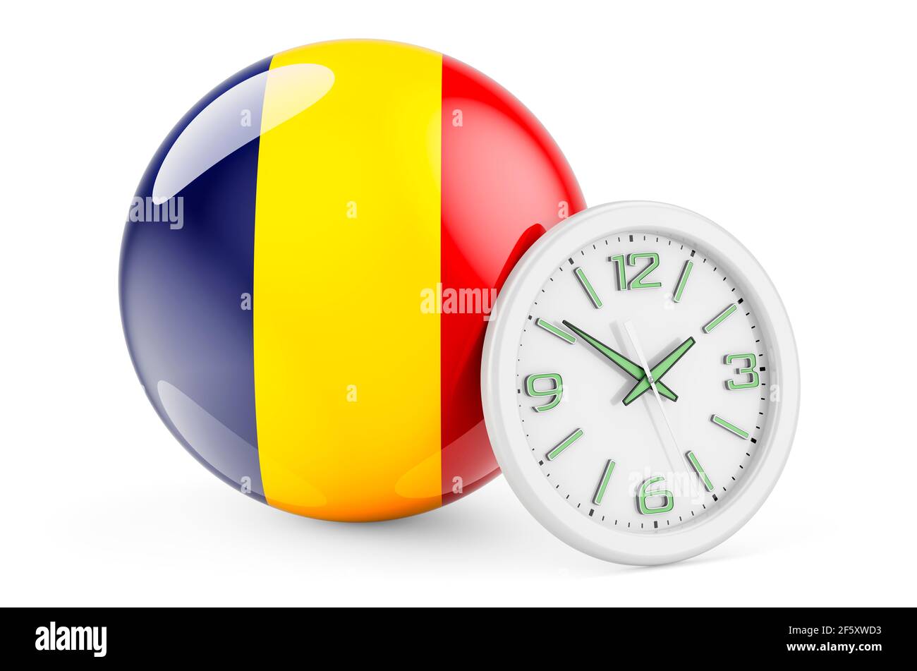 Romanian flag with clock. Time in Romania, 3D rendering isolated on ...