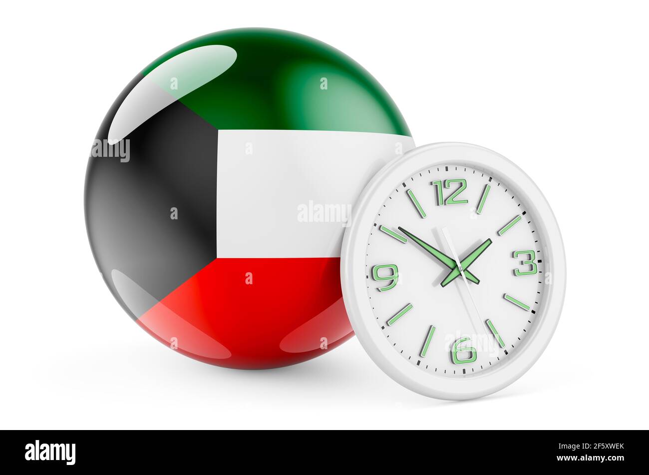 Kuwaiti flag with clock. Time in Kuwait, 3D rendering isolated on white ...