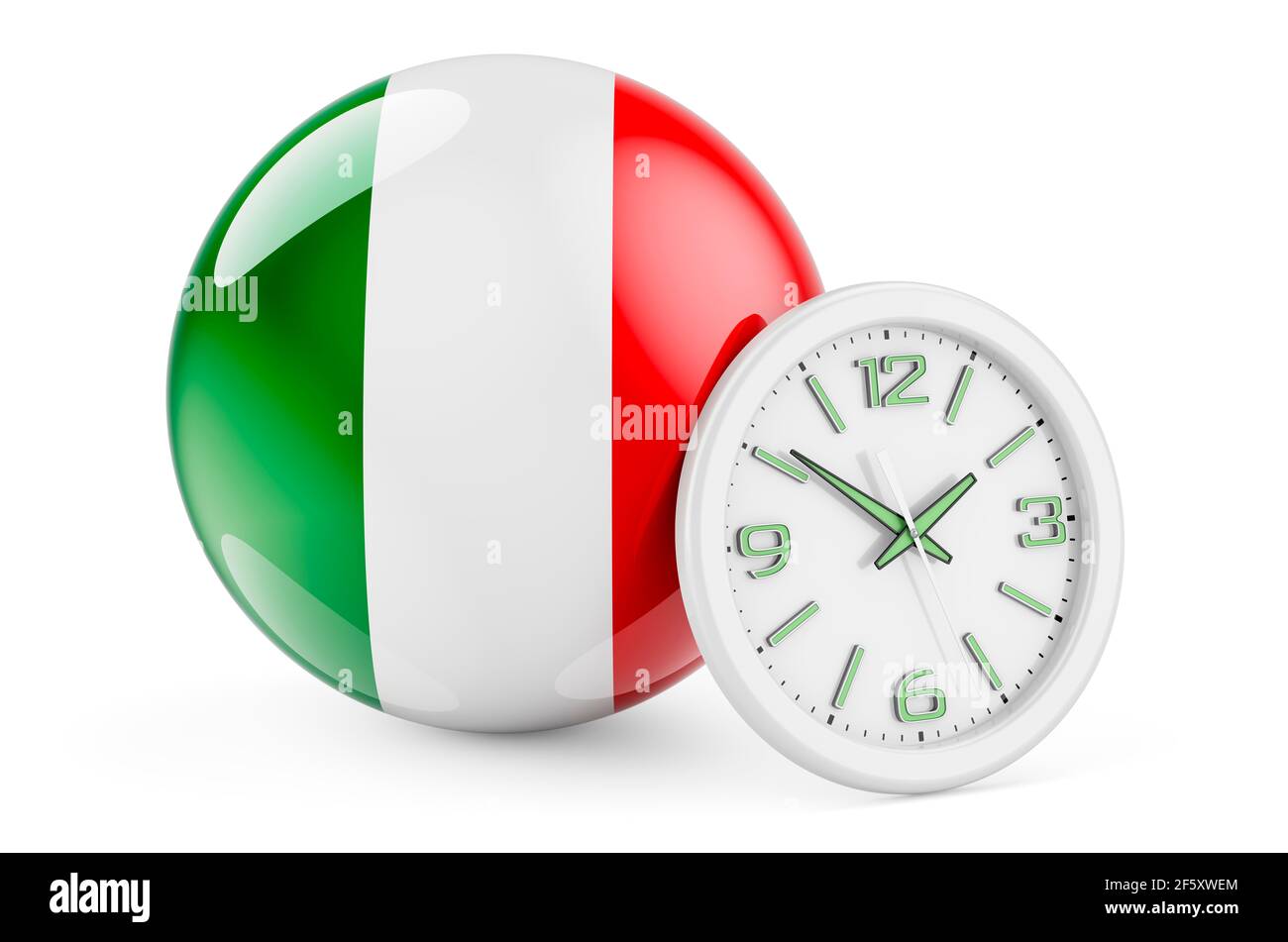 Italian flag with clock. Time in Italy, 3D rendering isolated on white ...