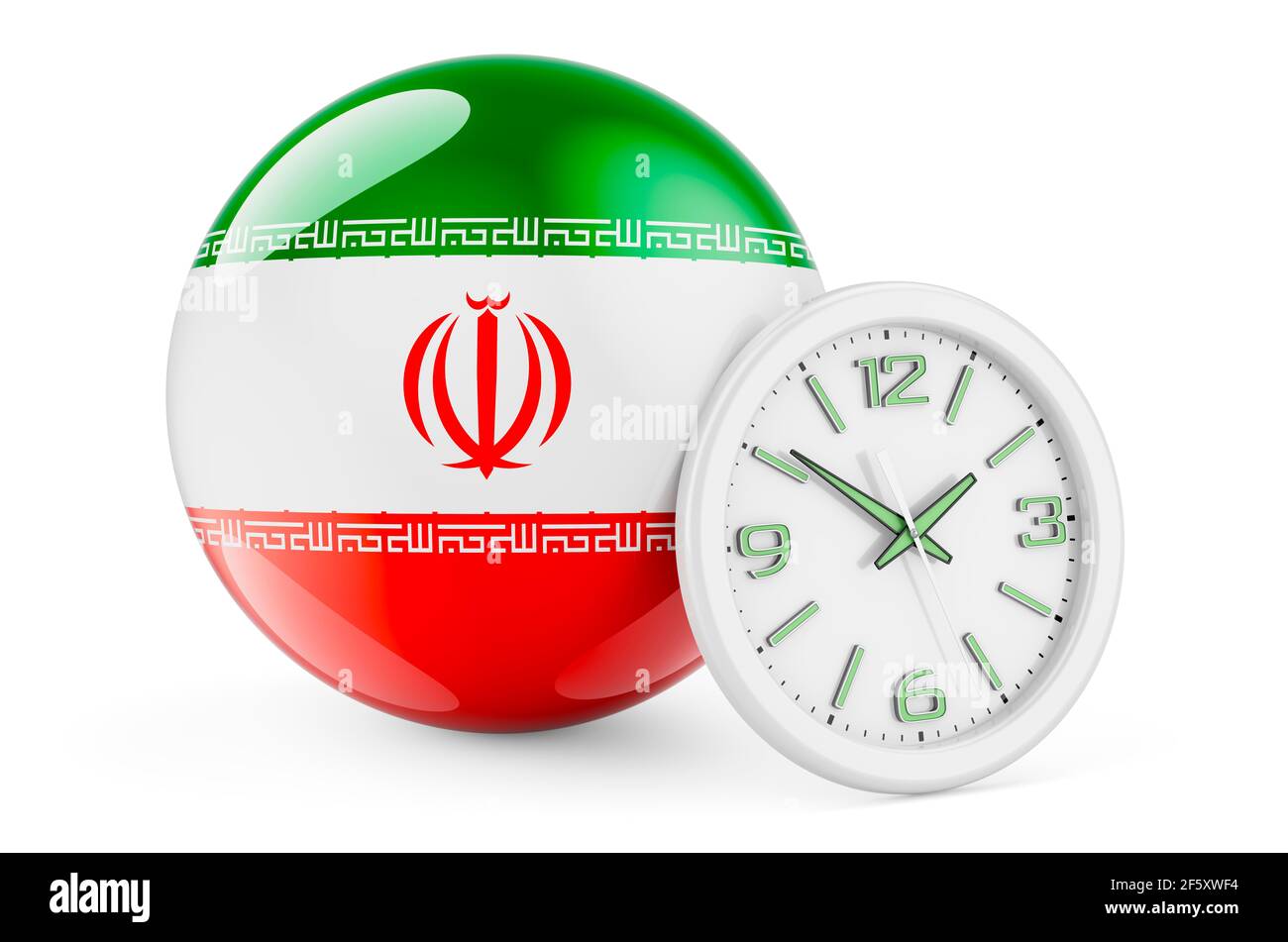 Iranian flag with clock. Time in Iran, 3D rendering isolated on white ...