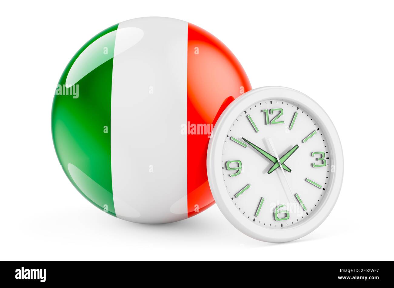 Irish flag with clock. Time in Ireland, 3D rendering isolated on white ...