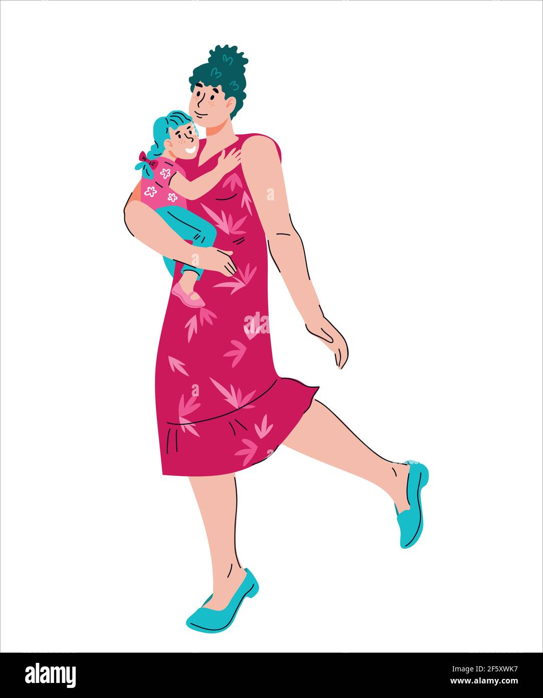 Standing full length portrait of mother with child on hands, cartoon ...