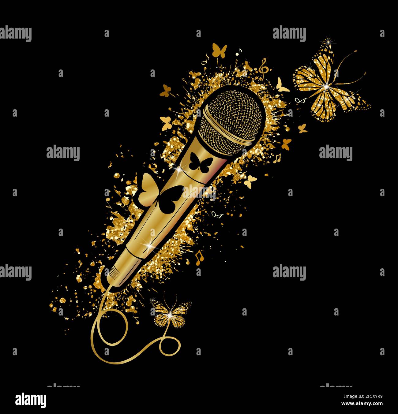 Gold microphone with beautiful shiny butterflies. Mic vector icon ...