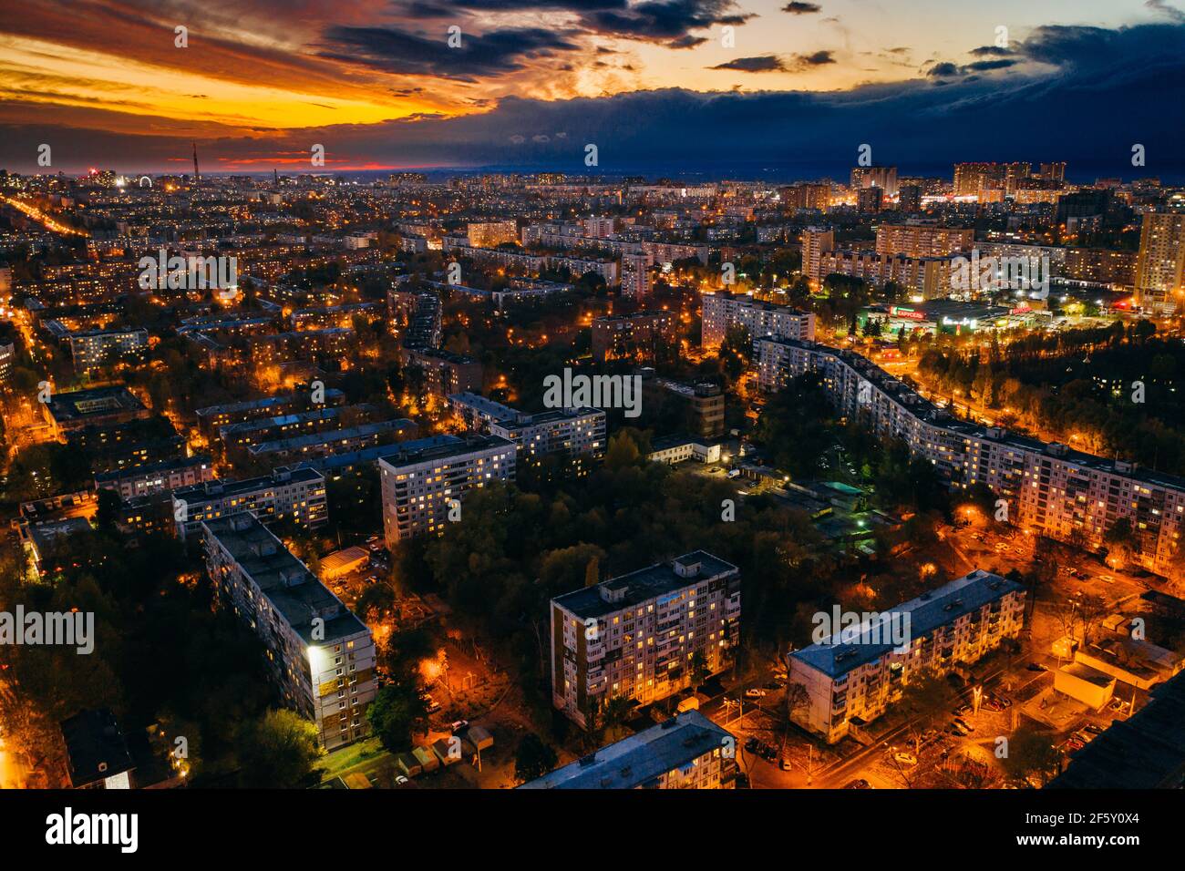 Night city Samara, aerial panorama with many living and commercial ...