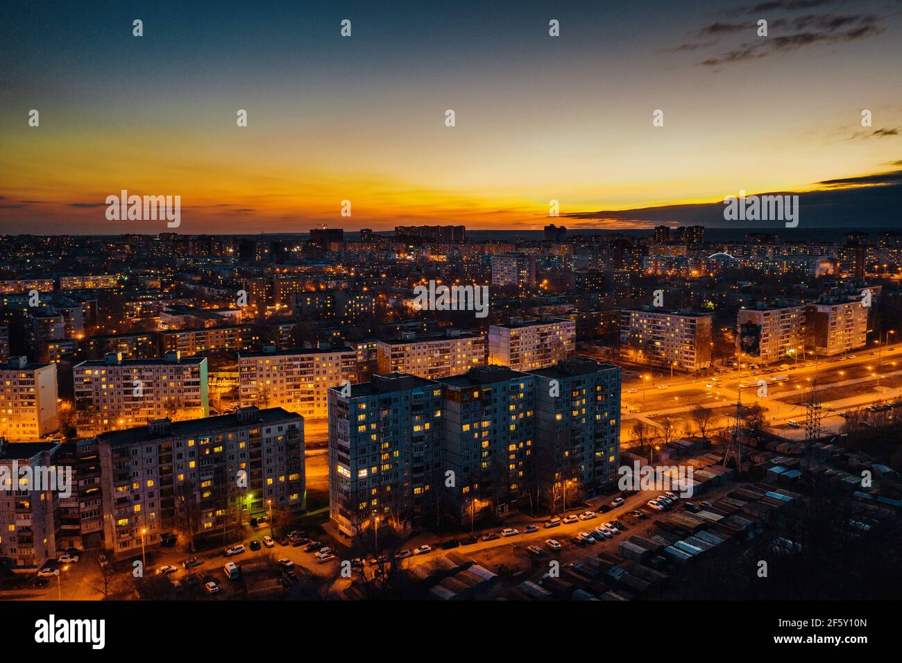 USSR time panel building on city night aerial view. Cityscape with ...