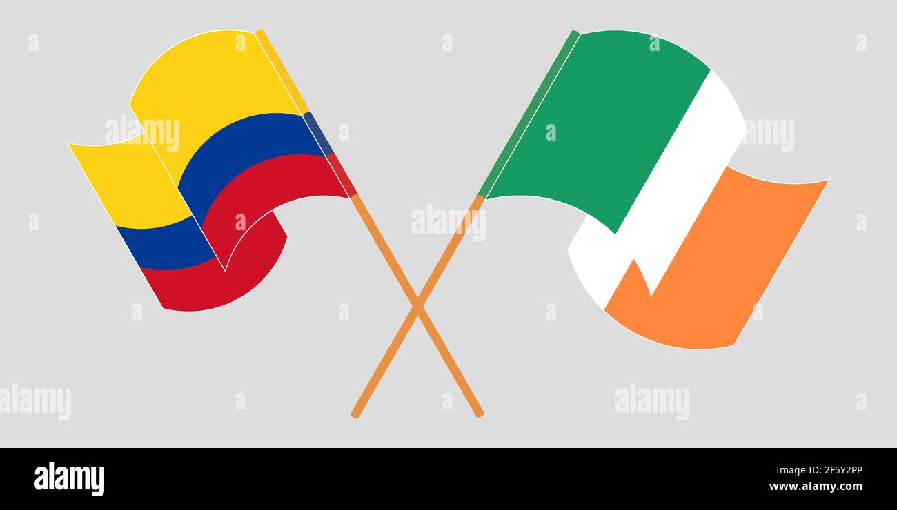 Crossed and waving flags of Colombia and Ireland. Vector illustration ...
