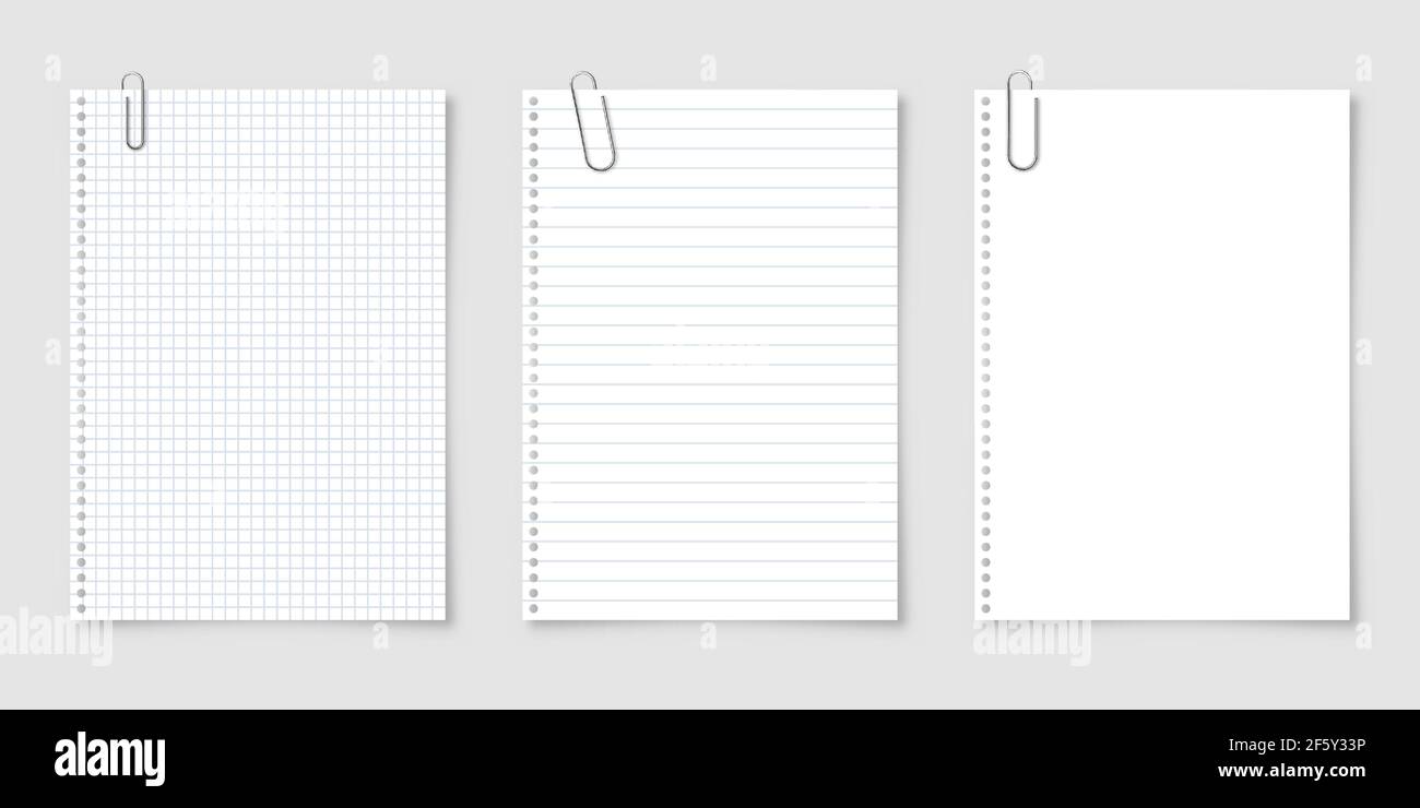 Realistic blank paper sheets in A4 format with metal clip, holder on ...