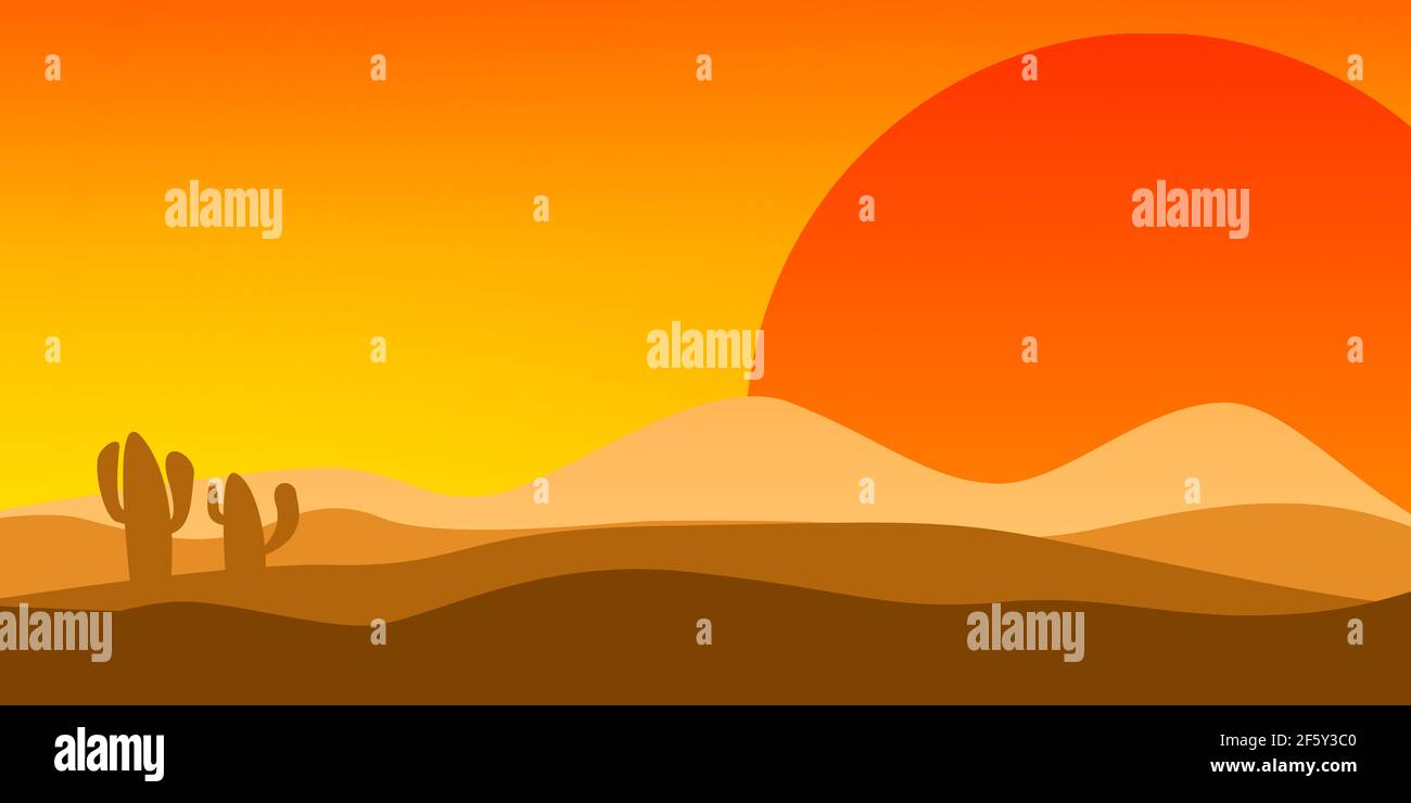 An illustration of a desert with cactuses and big red sun in the ...