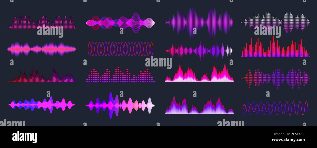 Colorful sound waves collection. Analog and digital audio signal. Music ...