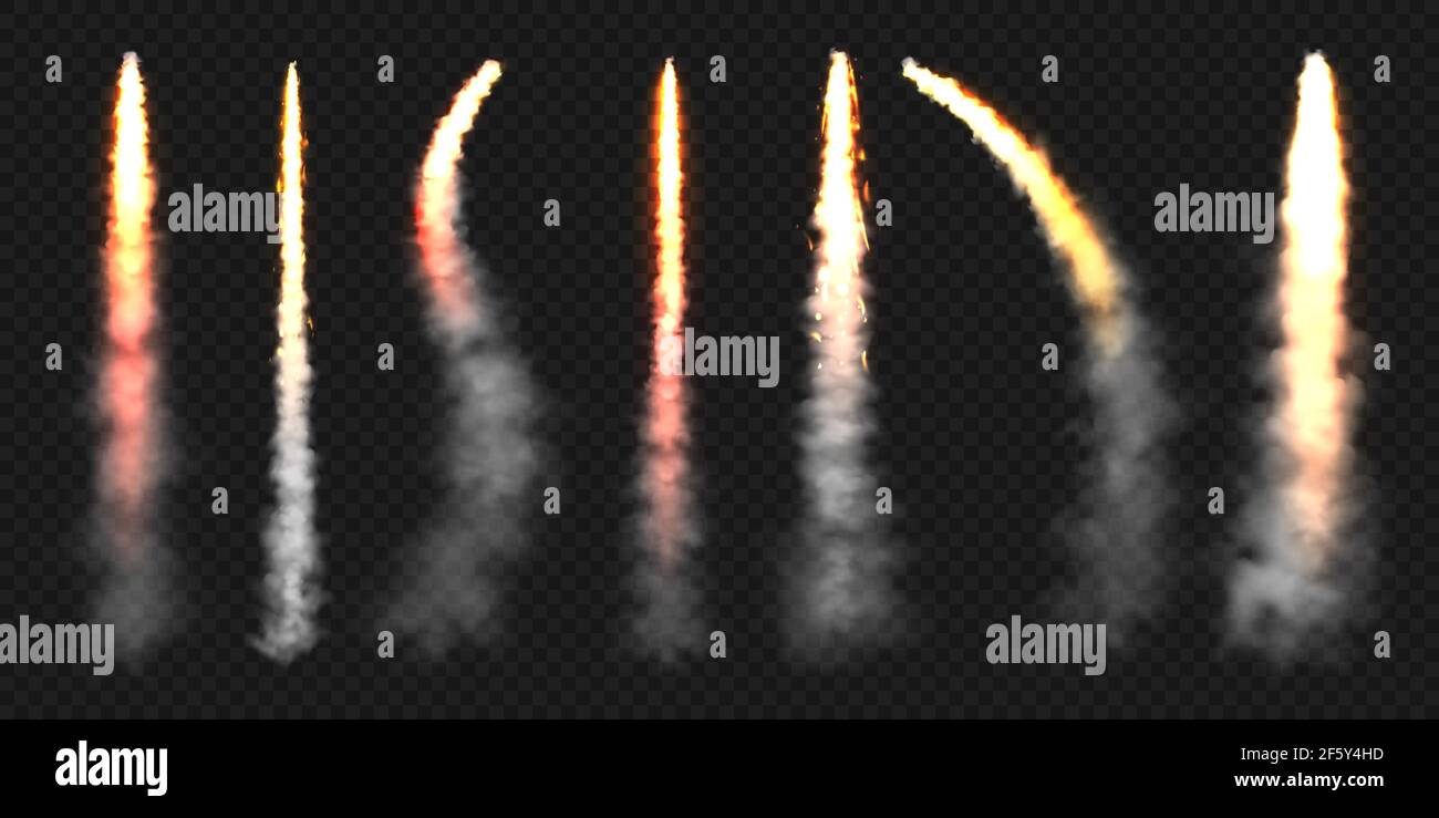 Realistic space rocket launch trails. Fire burst, explosion. Missile or ...