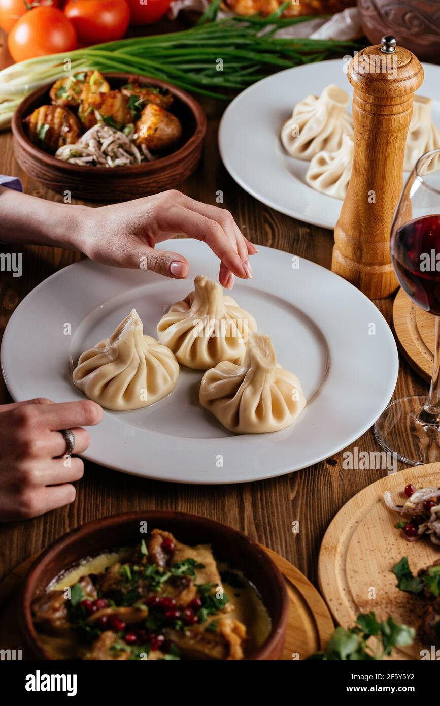 Georgian dumplings Khinkali with meat Stock Photo - Alamy