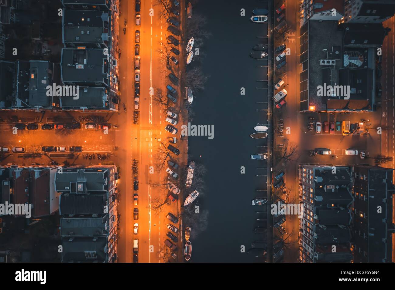 Amsterdam, Netherlands. Aerial top view of old city from above at night ...