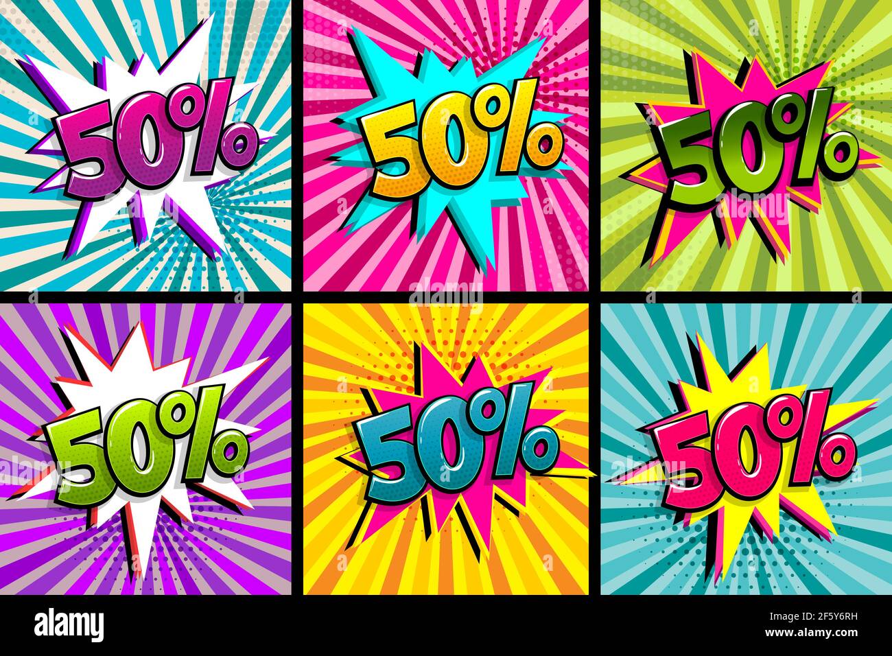 Comic text 50 percent sale set discount. Colored speech bubble on ...