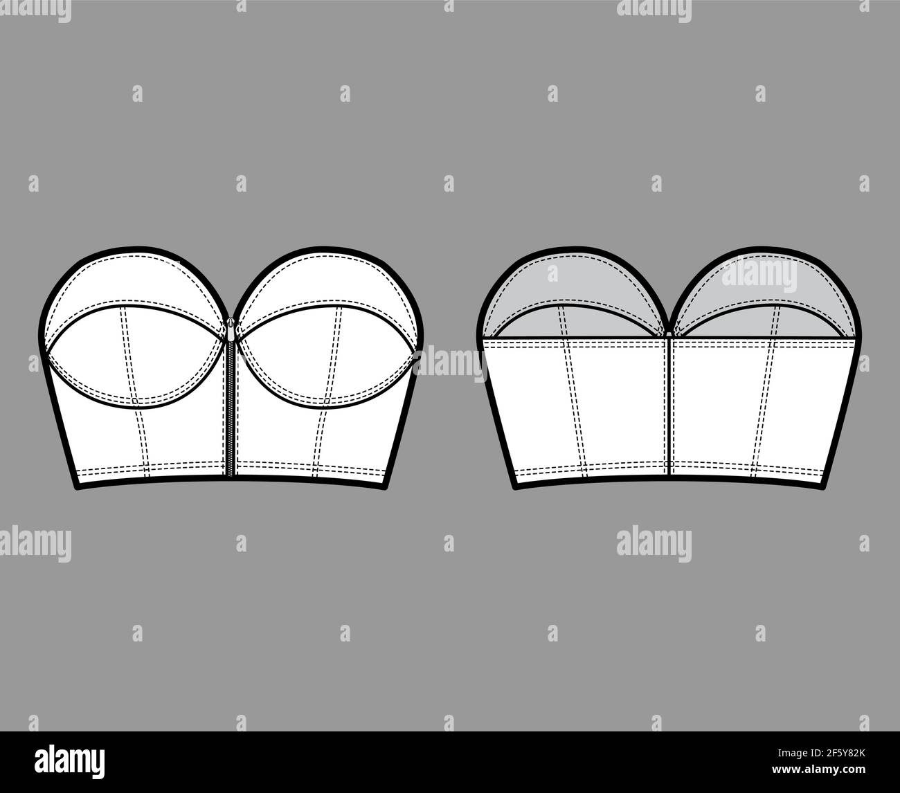 Denim bustier top technical fashion illustration with zip-up closure ...