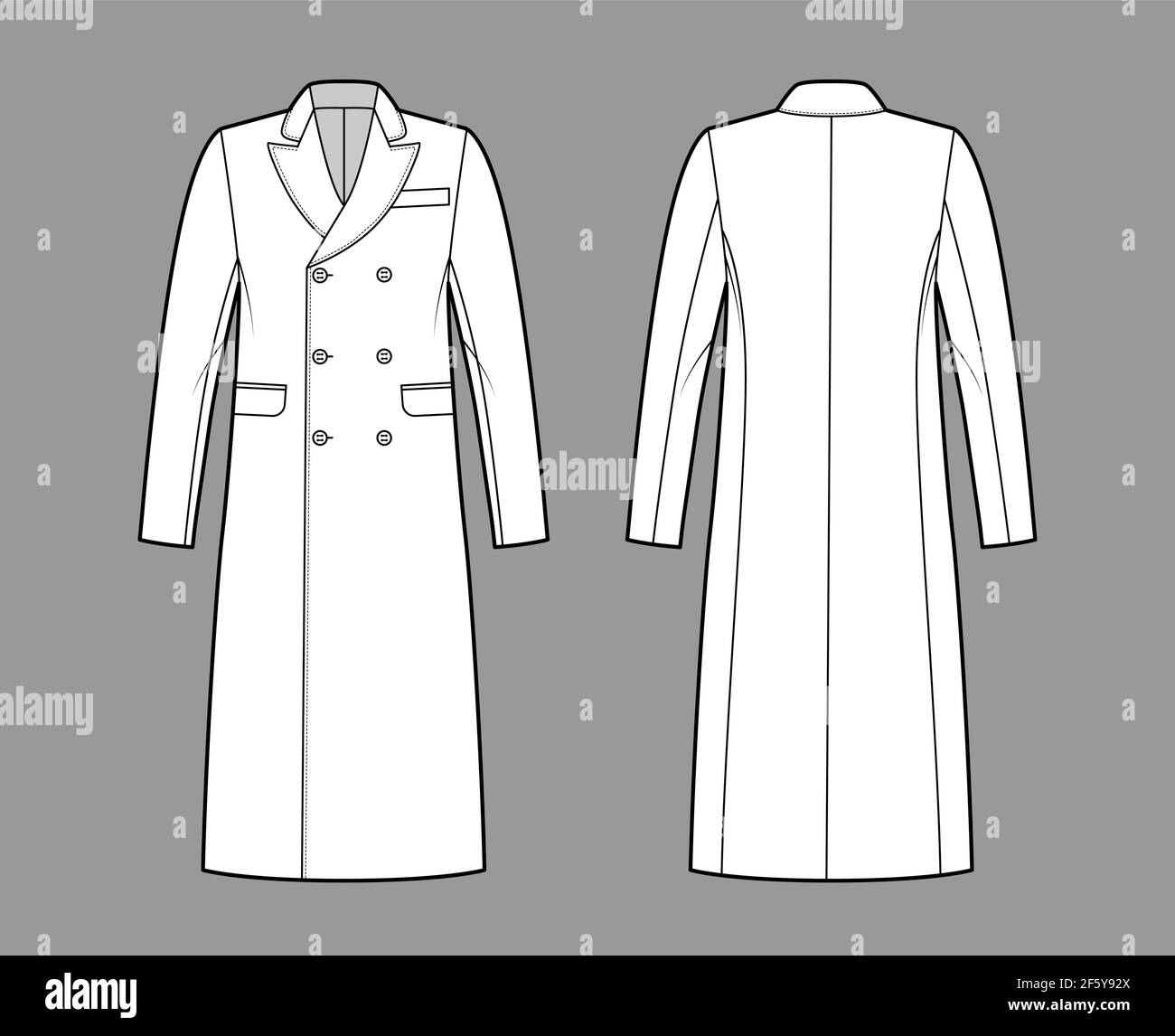 British warm overcoat technical fashion illustration with double ...